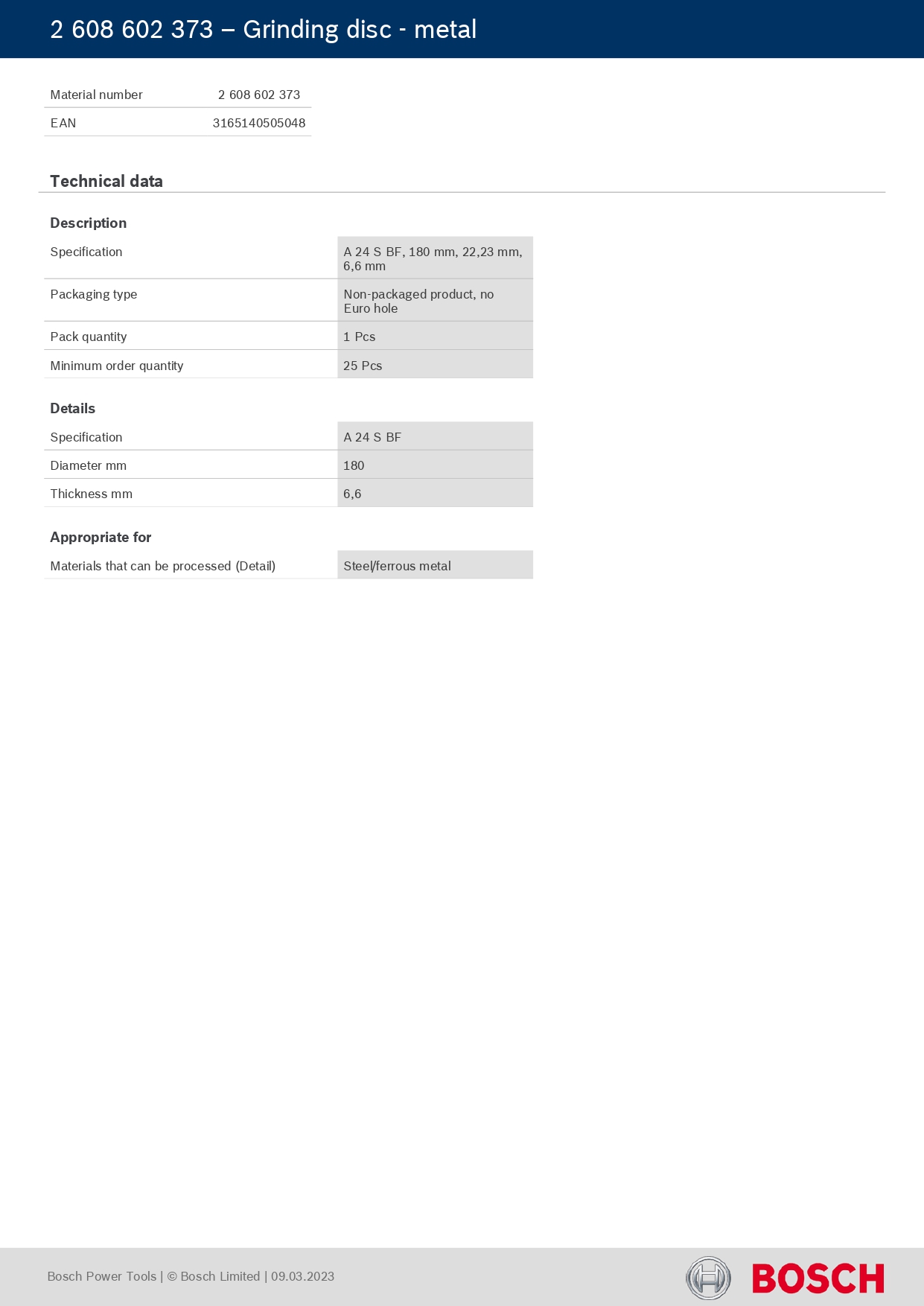 Bosch Grinding Disc.7inch180x6.6mm(2608602373)
