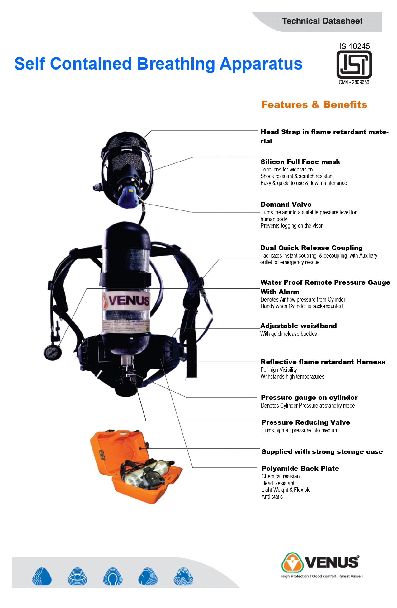 Venus SCBA 108-6AS Backplate 108 Design V666 FFM+ Steel cylinder 6LTR 13436